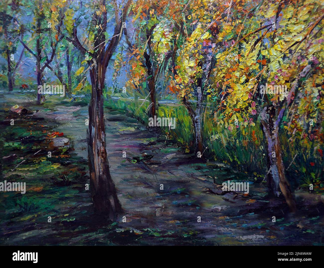 oil painting Pathway with trees and flowers in garden , Multiply ...