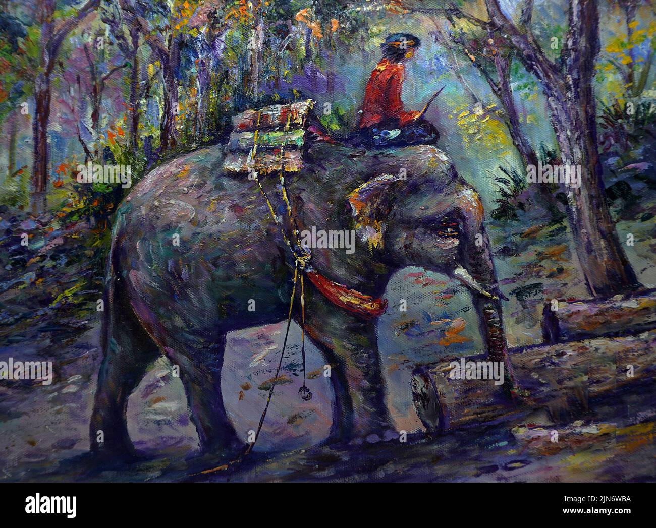 art painting Oil color Elephant family thailand , elephant hauling logs ...
