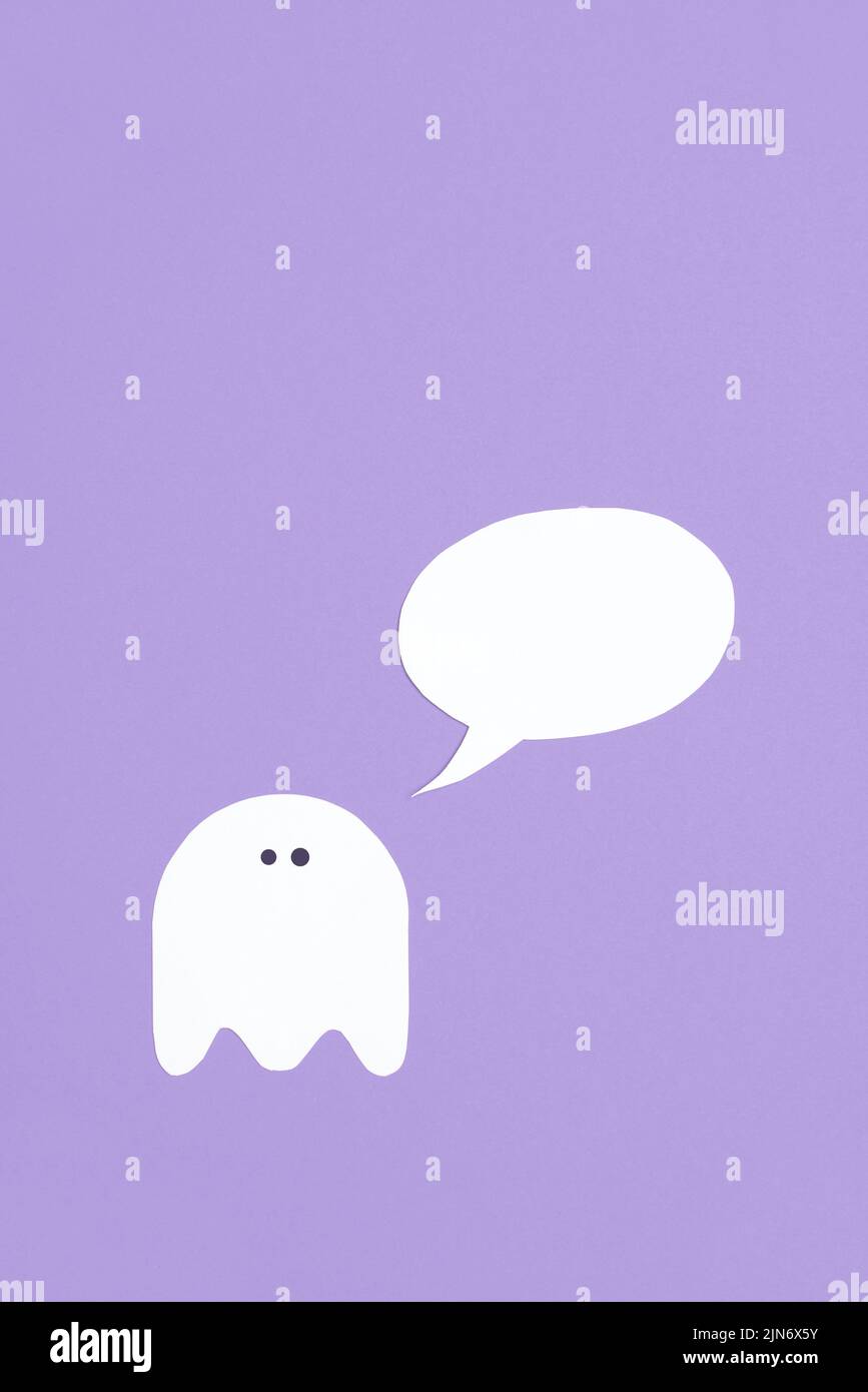 Trendy minimalist halloween design, white cute ghost with a blank ...