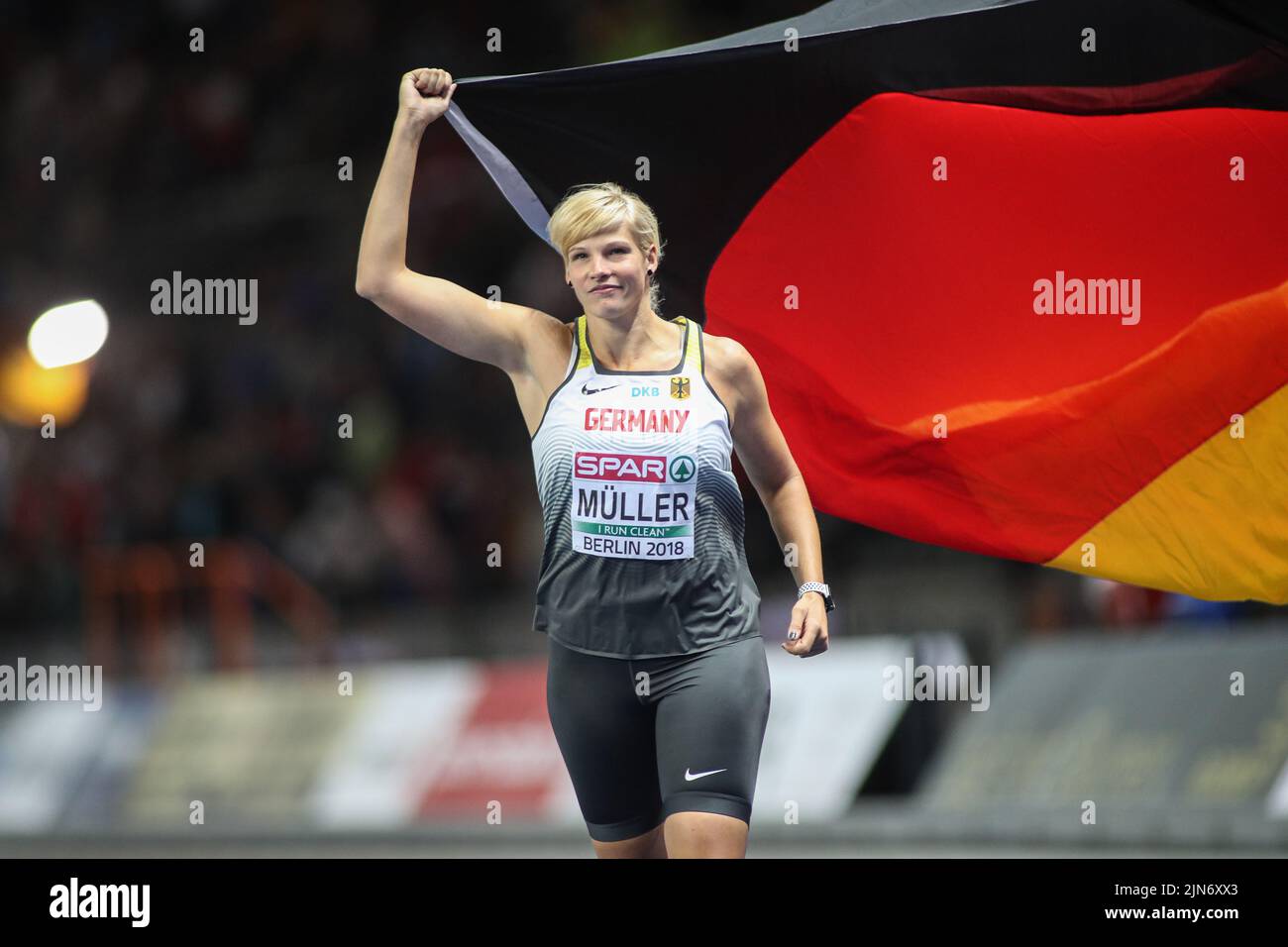 Nadine Müller with the flag of his country at the European Athletics ...