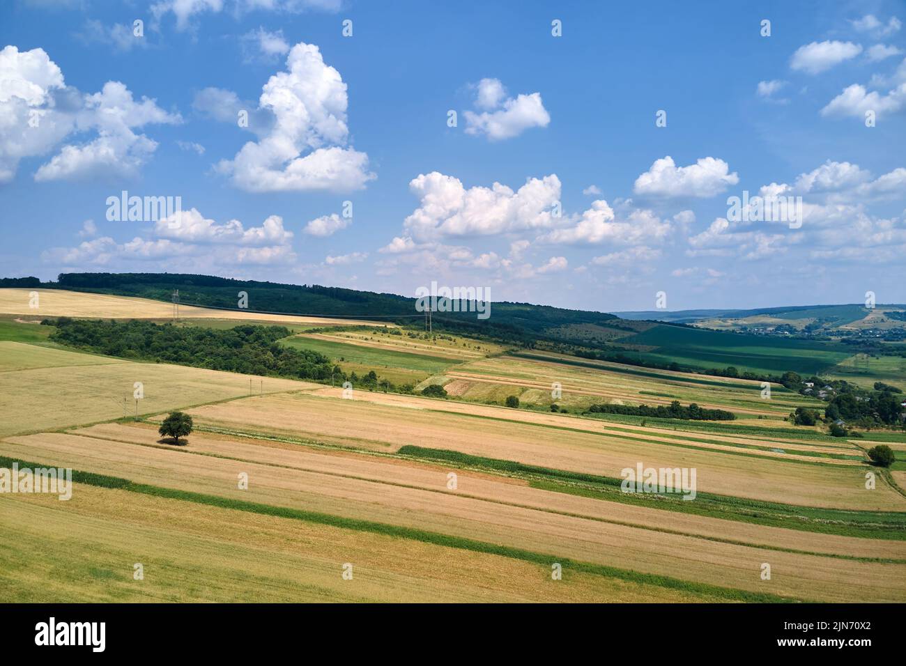 Aerial landscape view of green and yellow cultivated agricultural ...