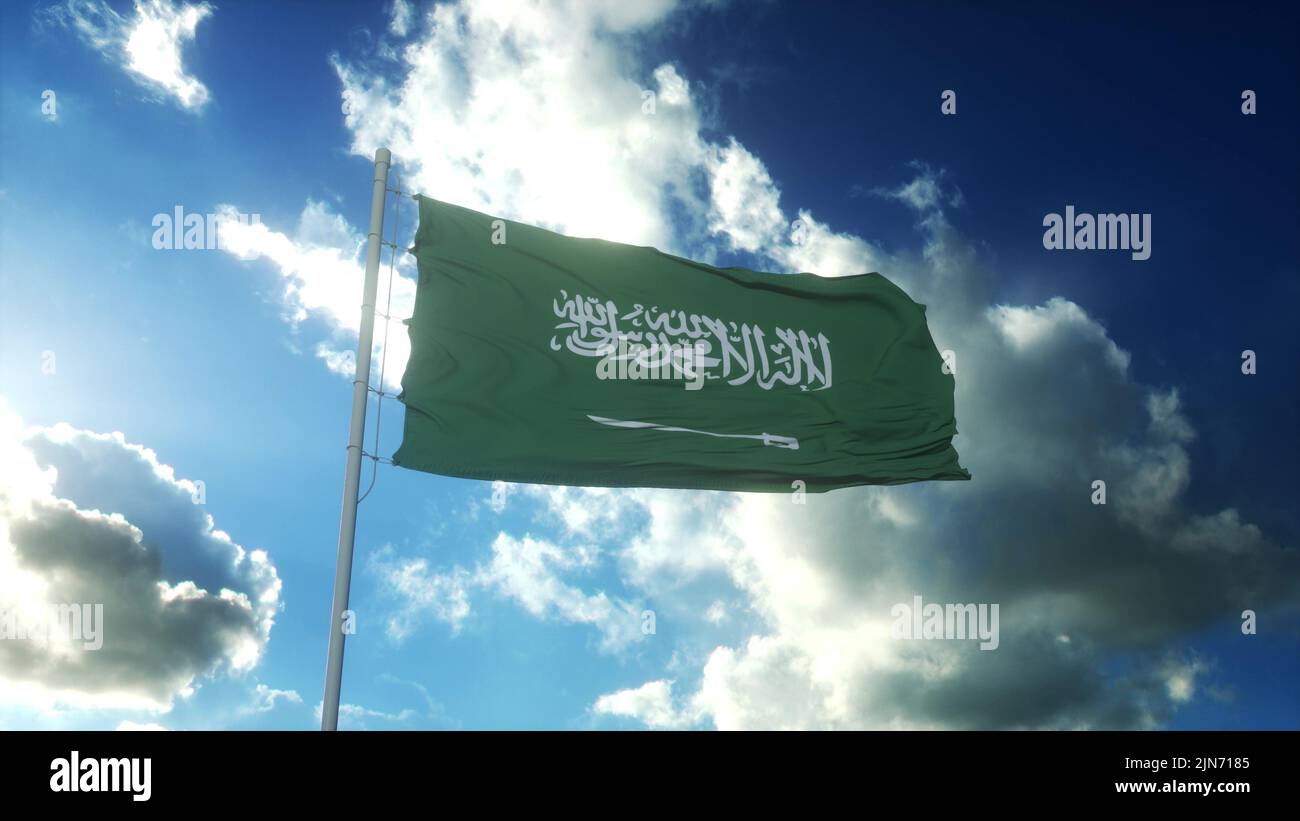 Flag of Saudi Arabia waving at wind against beautiful blue sky. 3d ...