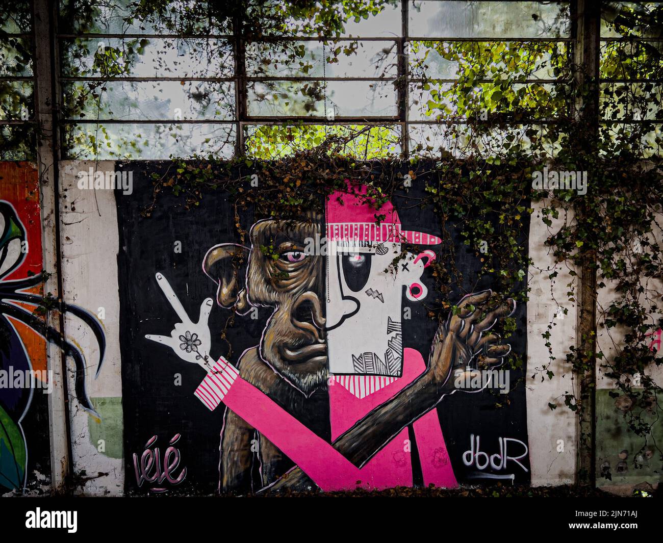 A graffiti pink black and white art on the wall Stock Photo - Alamy