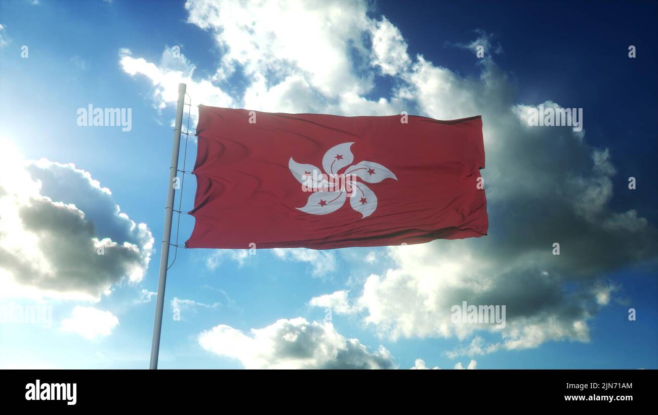 Flag of Hong Kong waving at wind against beautiful blue sky. 3d illustration Stock Photo - Alamy