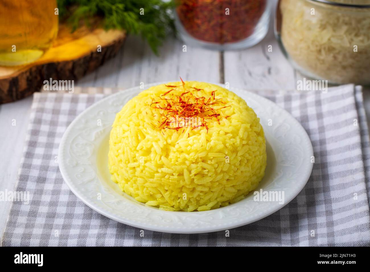A plate of saffron rice pilaf (Turkish name; safranli pilav Stock Photo ...
