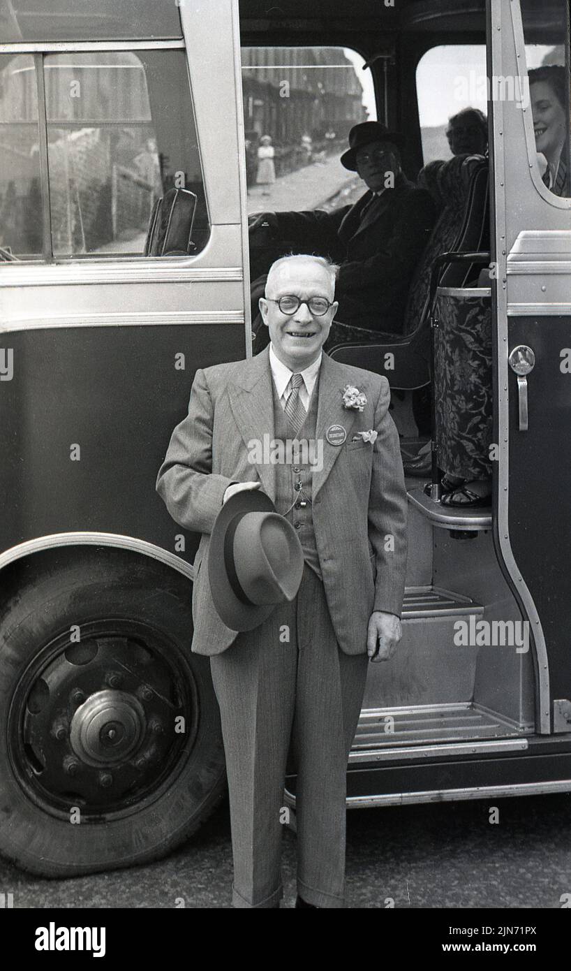 1950s, historical, coach trip, an elderly gentleman, dressed in a three ...