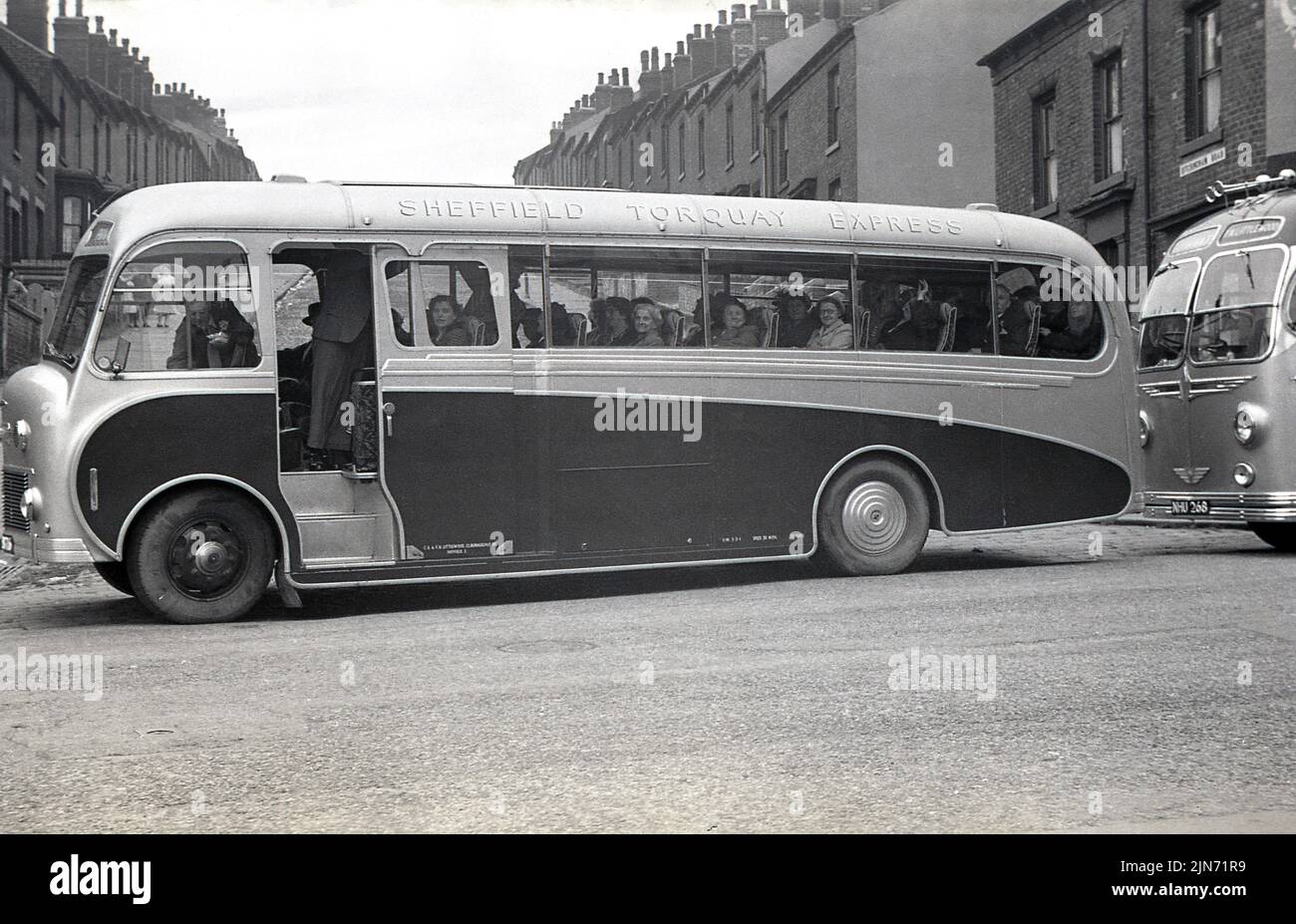 1950s, historical, coach trip, Sheffield-Torquay Express. Passengers ...