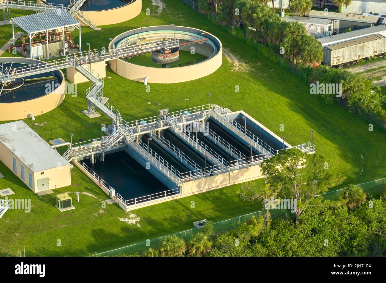 Aerial view of modern water cleaning facility at urban wastewater ...
