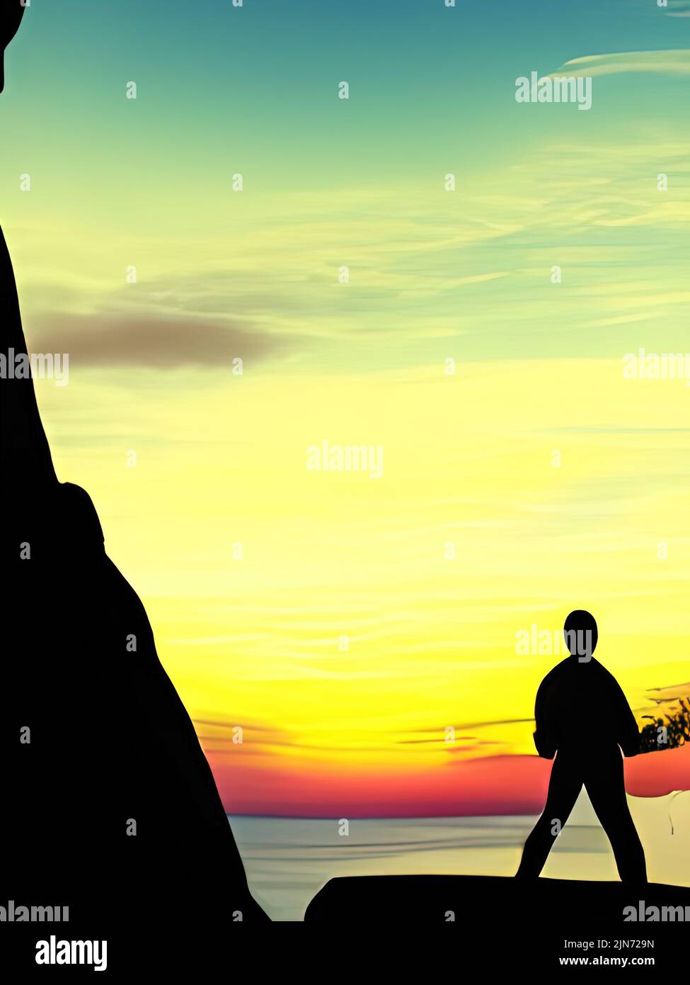 black silhouette of man on hill with solid color background Stock Photo ...