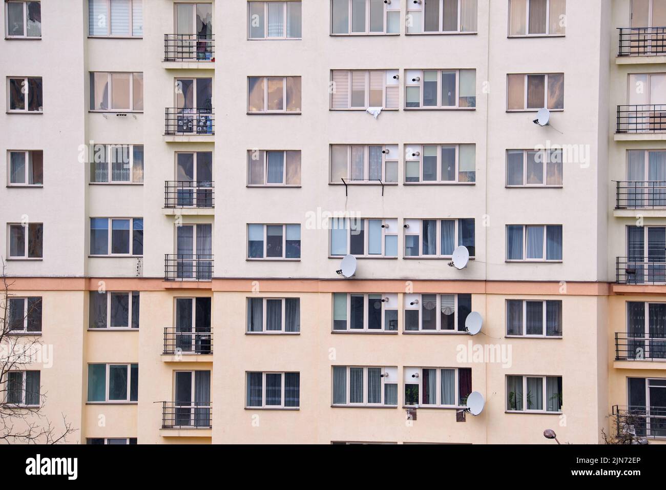 Architectural details of modern high apartment building facade with ...
