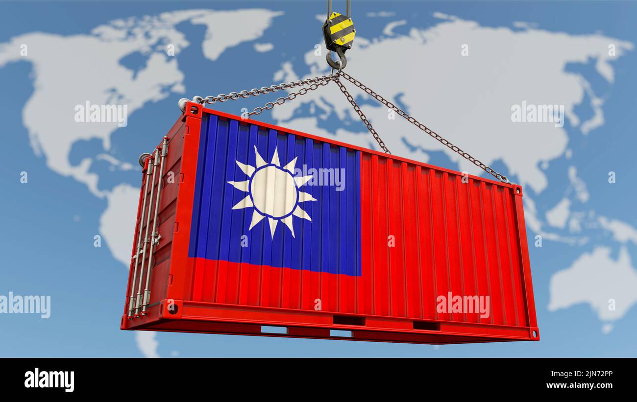 Taiwan export economy - container with Taiwanese flag and world map in ...