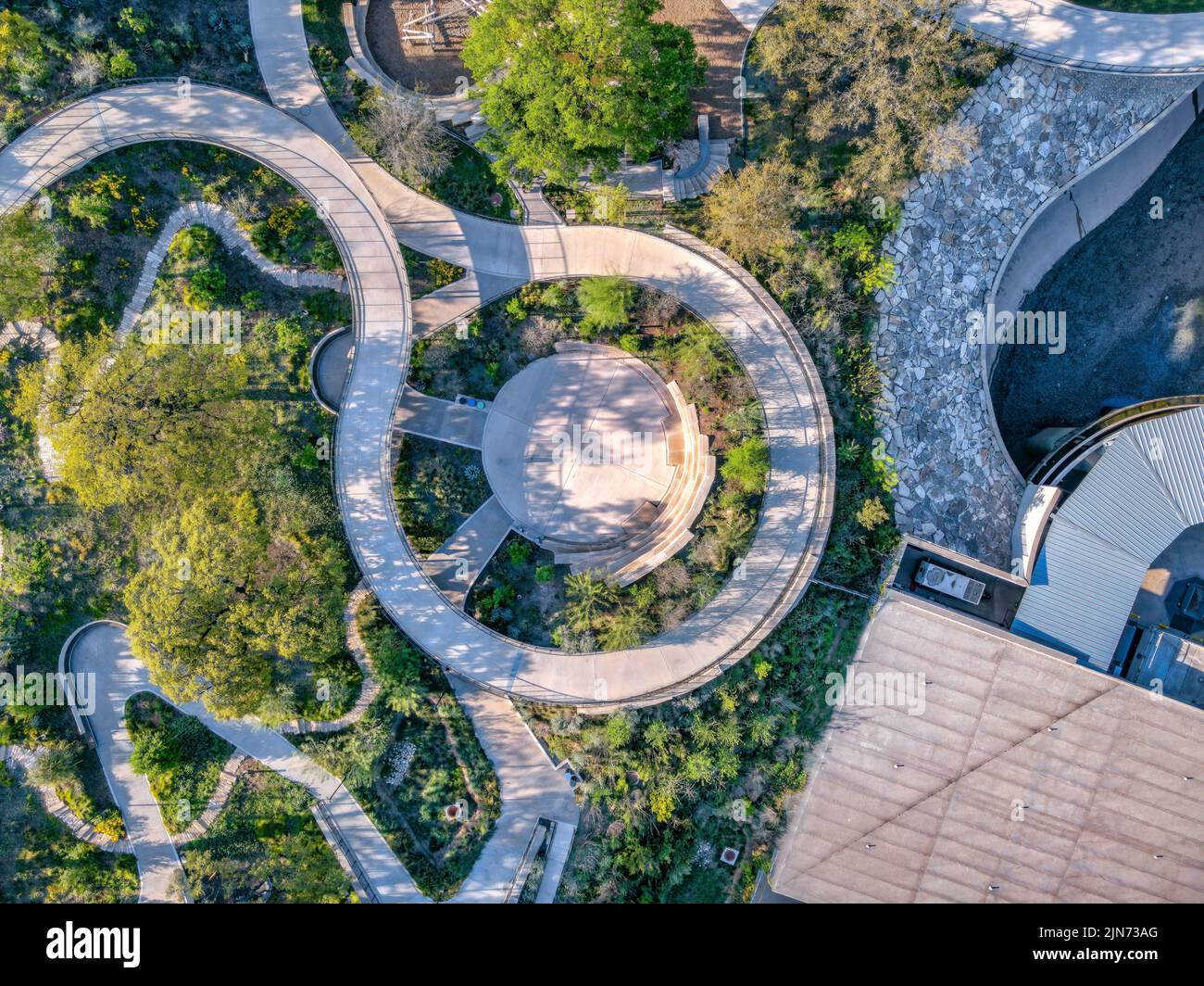 Aerial view of a spiral walkways with small amphitheater at the center ...