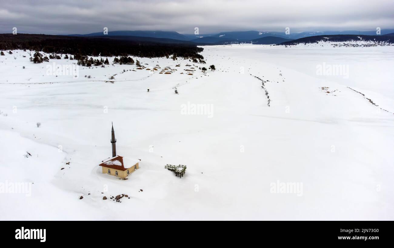 Aerial shot with drone, in winter snow landscape, Bolu - Seben - Turkey ...