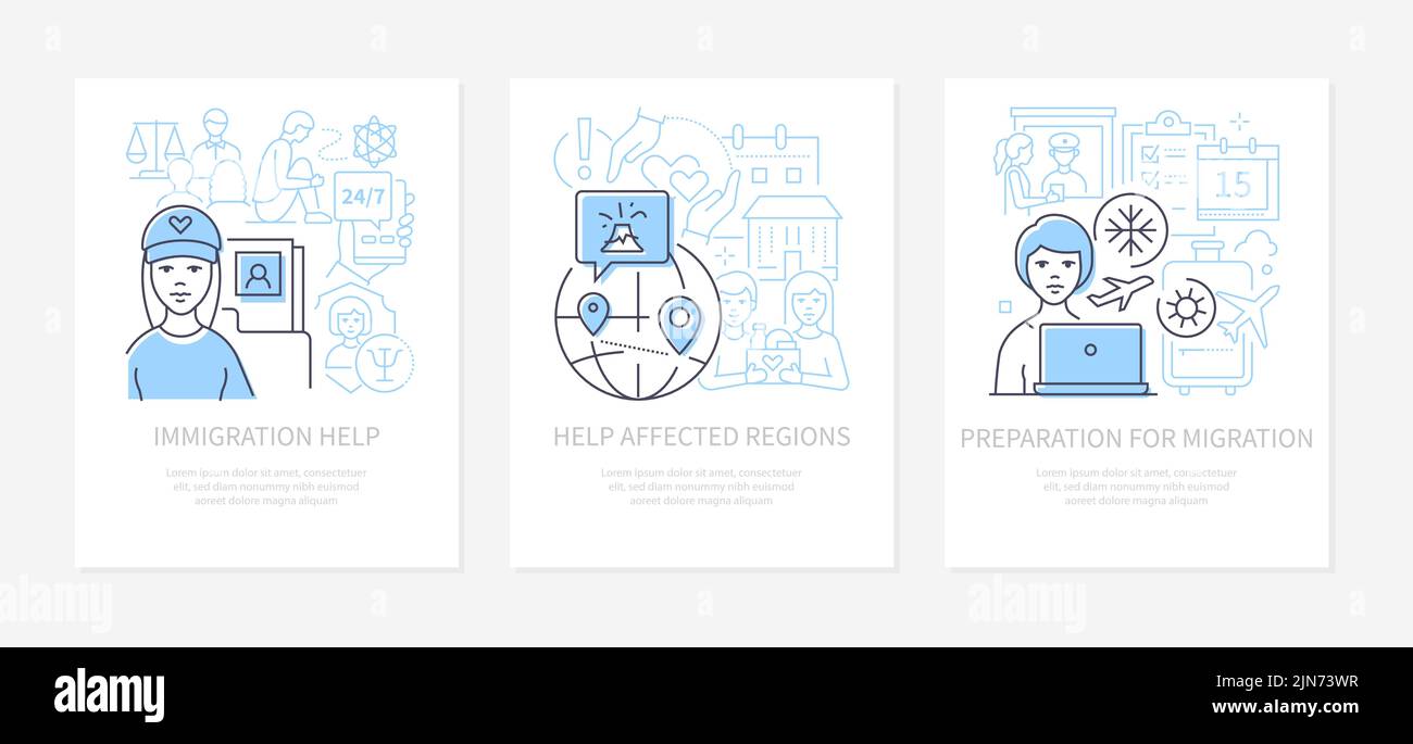 Migration and charitable assistance - line design style banners set ...