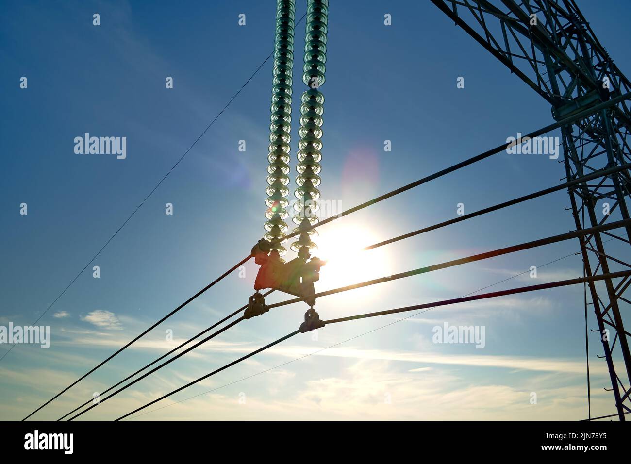 High voltage tower with electric power lines transfening electrical ...