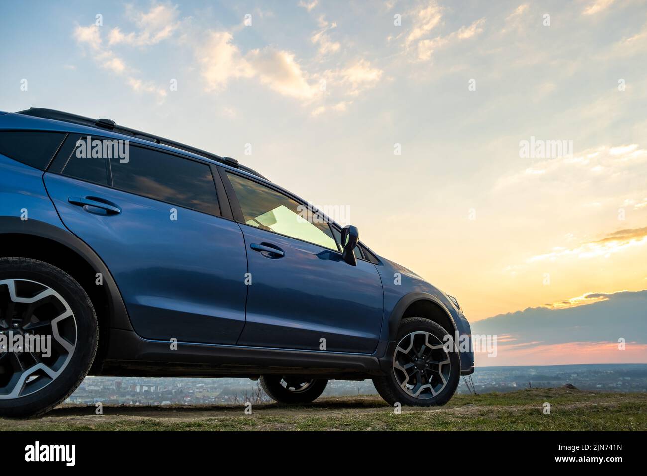 Landscape with blue off road car at sunset, Traveling by auto ...