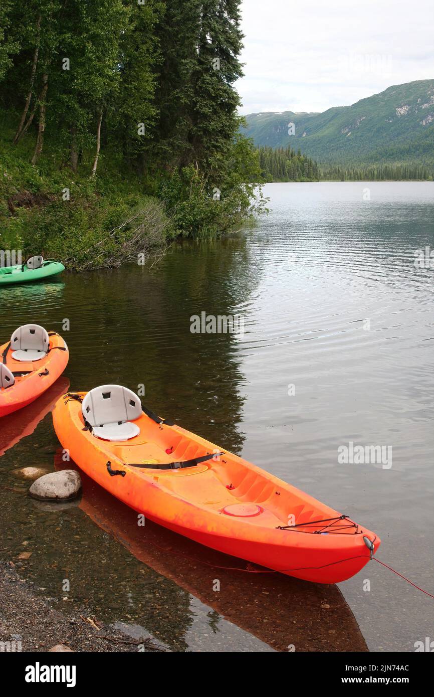 Photo of Kayaks on a lake in Alaska Stock Photo - Alamy