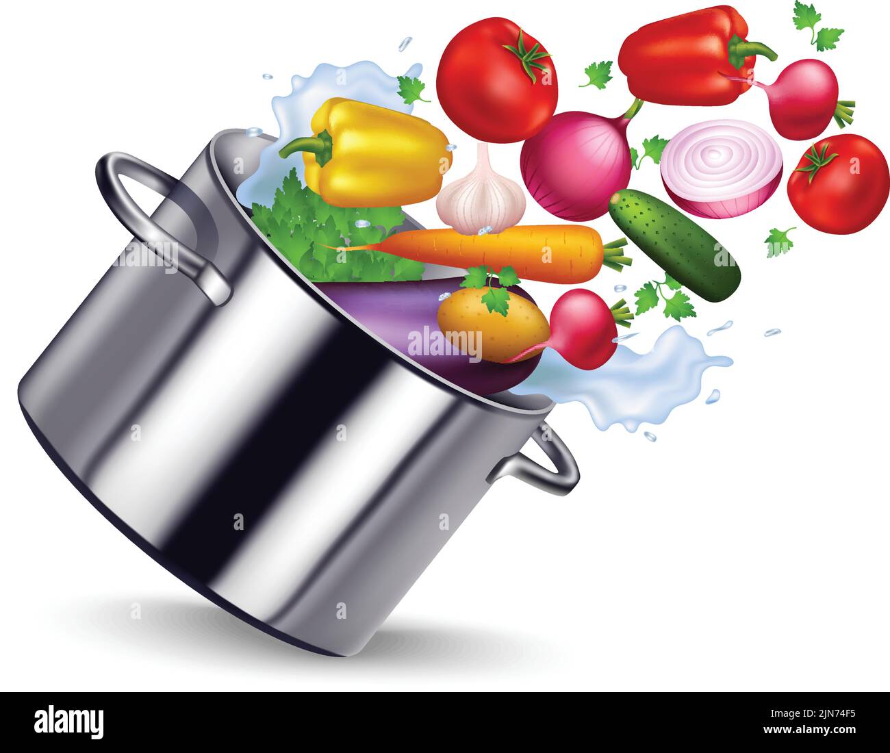 Fresh vegetable for salad in metal pan with cucumber pepper tomatoes ...