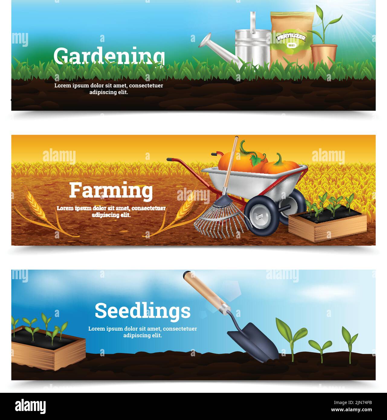 Three farming horizontal banners with gardening tools and materials for ...