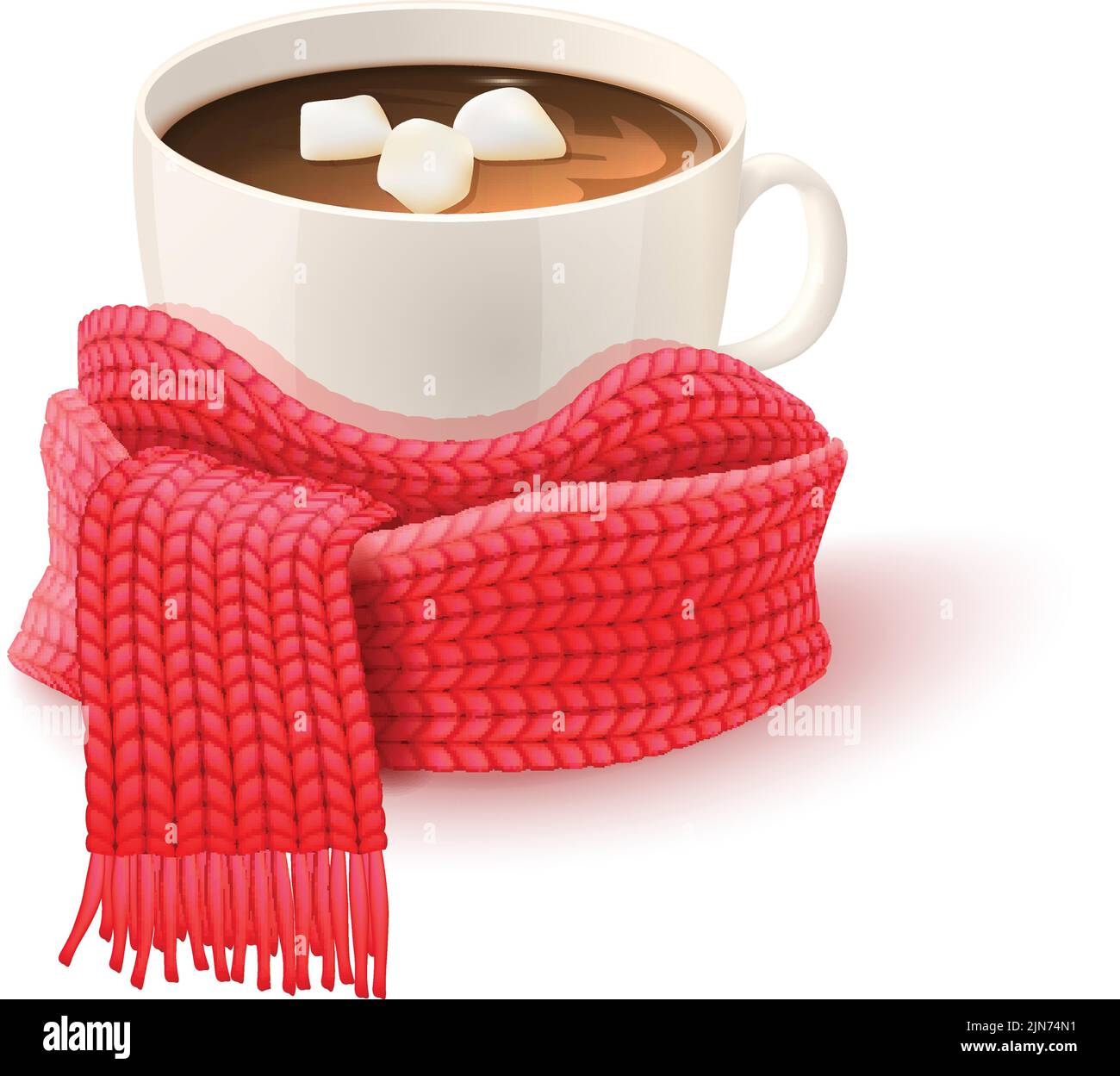 Cozy winter composition with hand knitted red scarf and white cup of ...