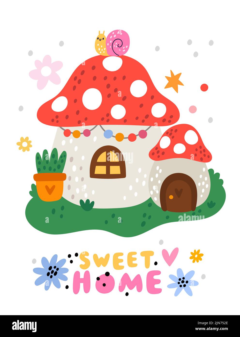 Cute garden gnomes poster. Cartoon mushroom house. Magic agaric ...