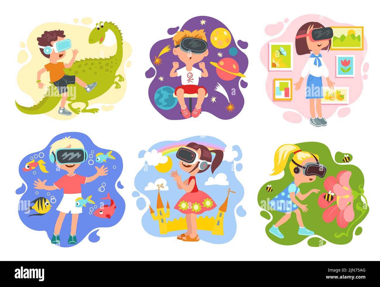 Kids virtual reality. Cute boys and girls use augmented VR glasses ... Kids virtual reality. Cute boys and girls use augmented VR glasses ...