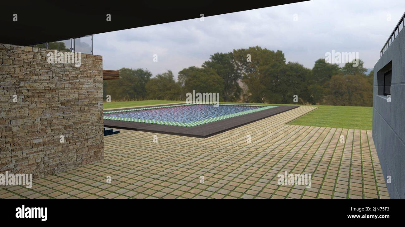 Inner courtyard of a country house. Blueprint is a square concrete tile ...