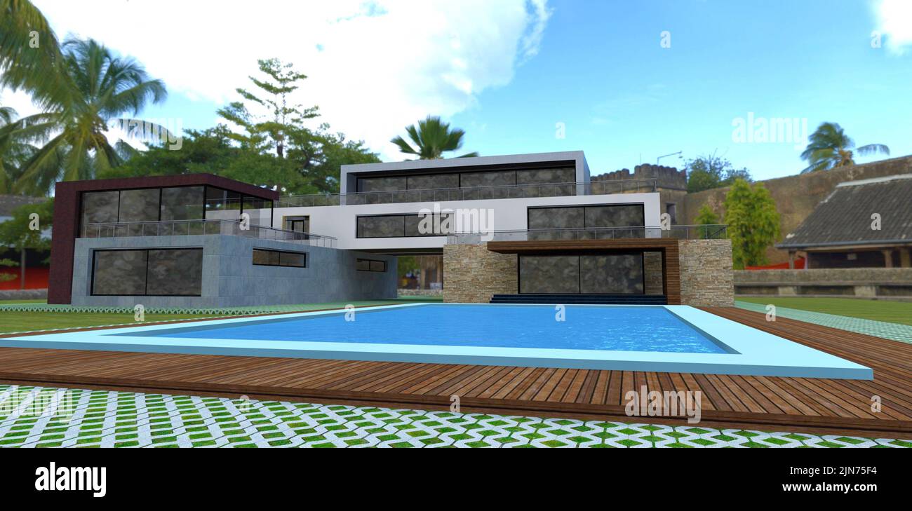 Luxurious advanced pool villa on a tropical island. Blue water, terrace board, clear sky ...