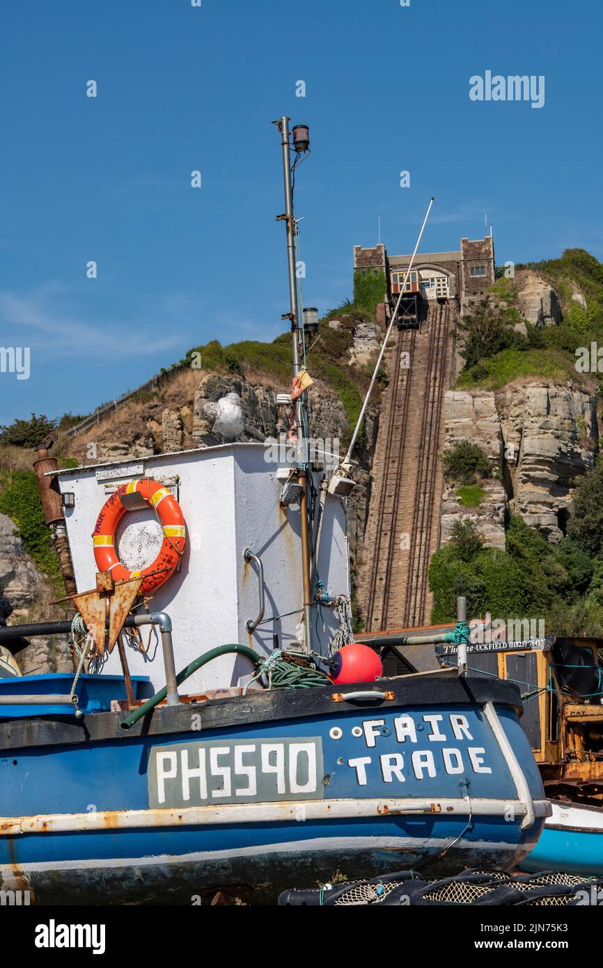 funicular railway cable car system at hastings with an old traditional ...