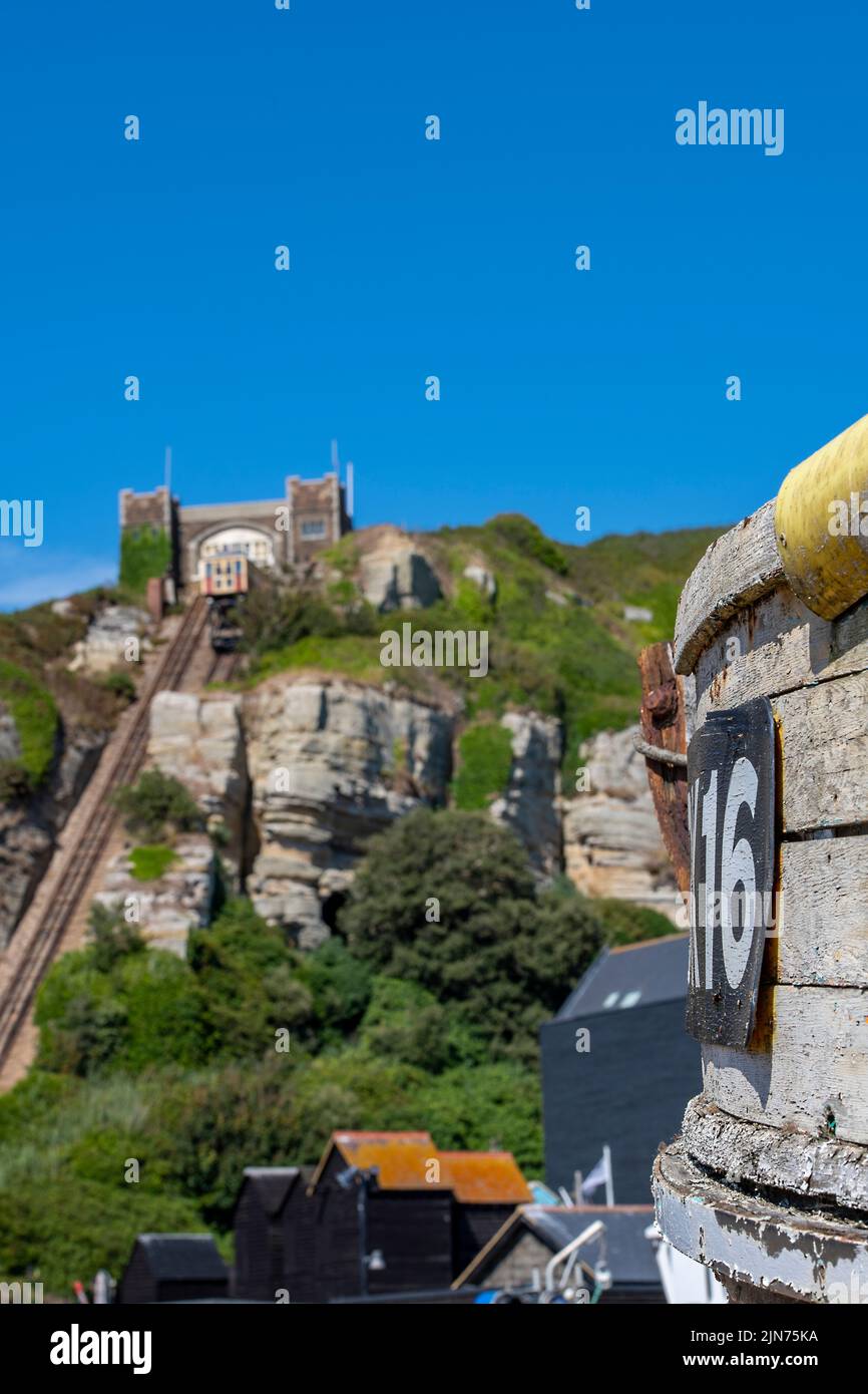 funicular railway cable car system at hastings with an old traditional ...