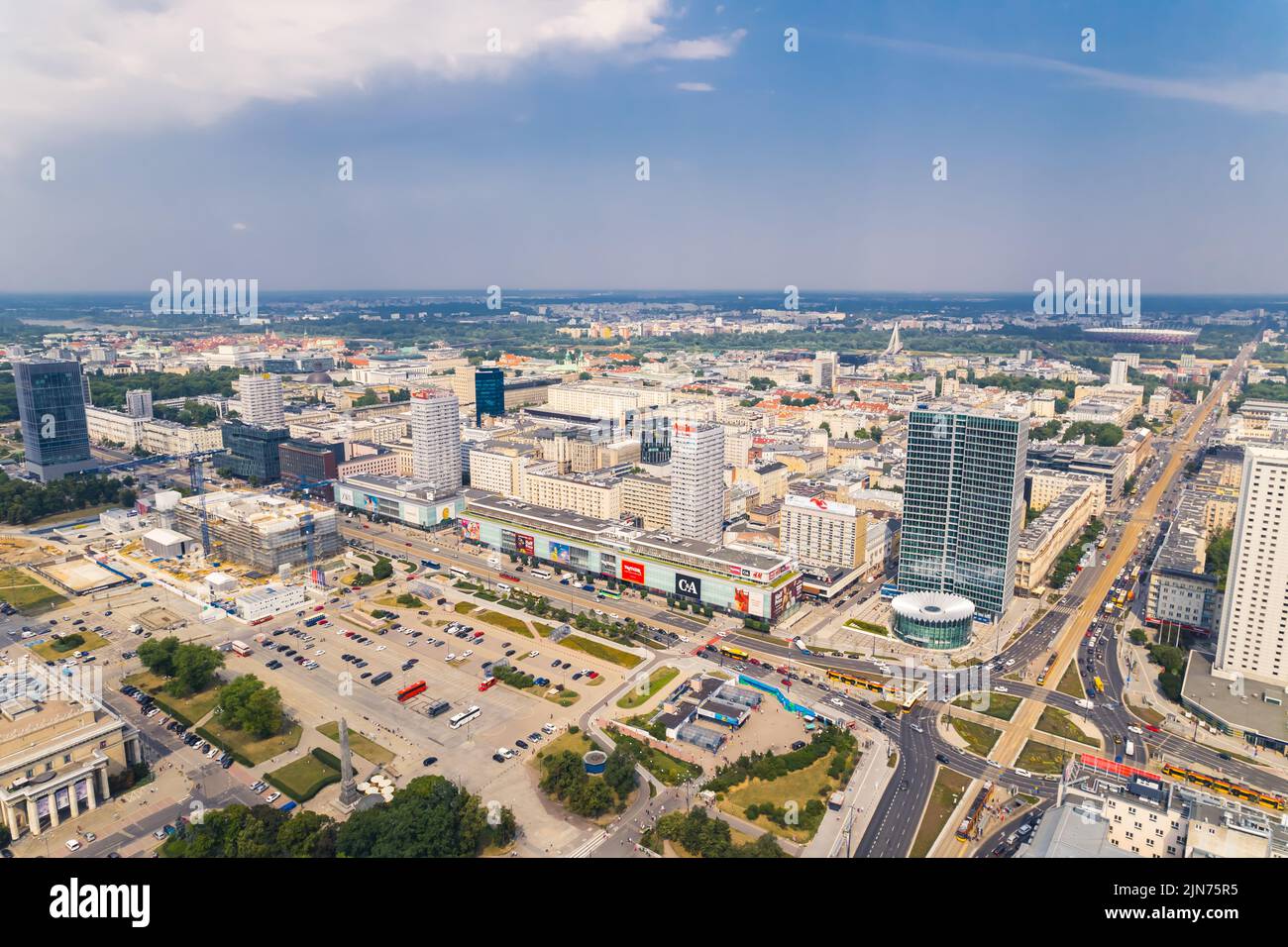 7.22.2022 Warsaw, Poland. Mainly clear blue sky above downtown Warsaw ...