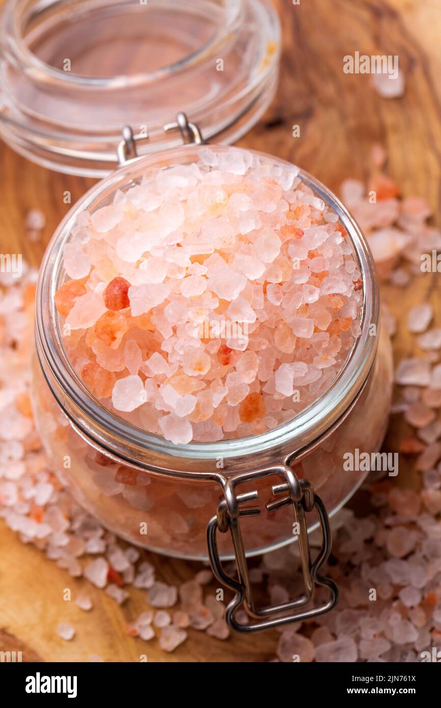 Pink Himalayan salt crystals, food concept photo Stock Photo - Alamy