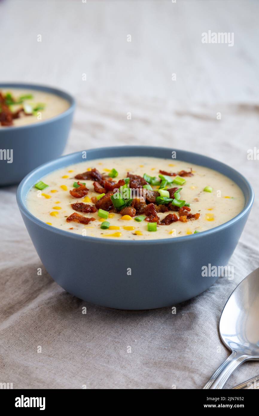 Homemade Corn Chowder with Bacon in Bowls, side view Stock Photo - Alamy
