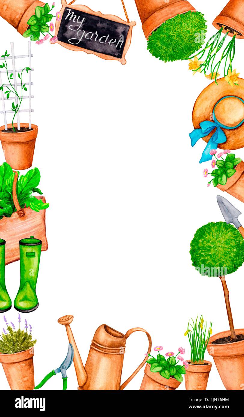 Gardening. Rectangular frame with empty place to insert from watercolor ...