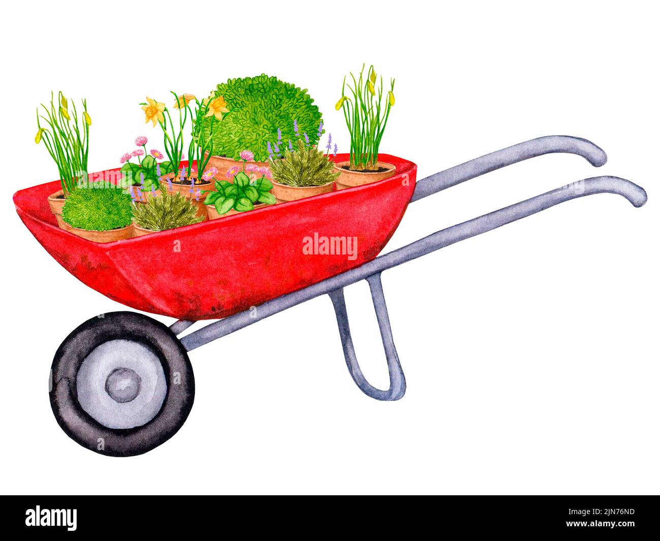 Red garden wheelbarrow with flowers in pots. Design for poster, banner ...