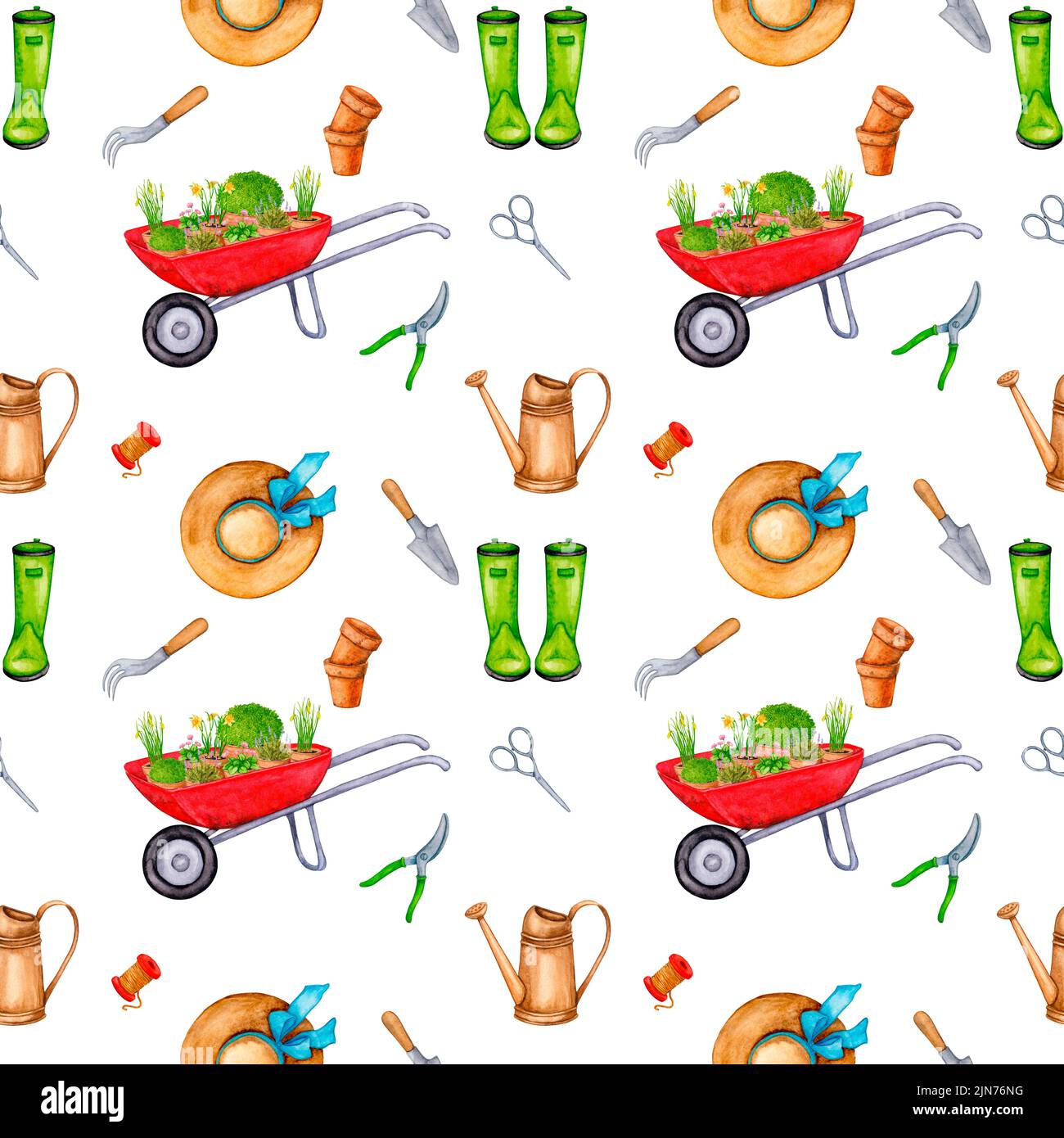 Seamless gardening pattern with colorful illustrations of flowers in a ...