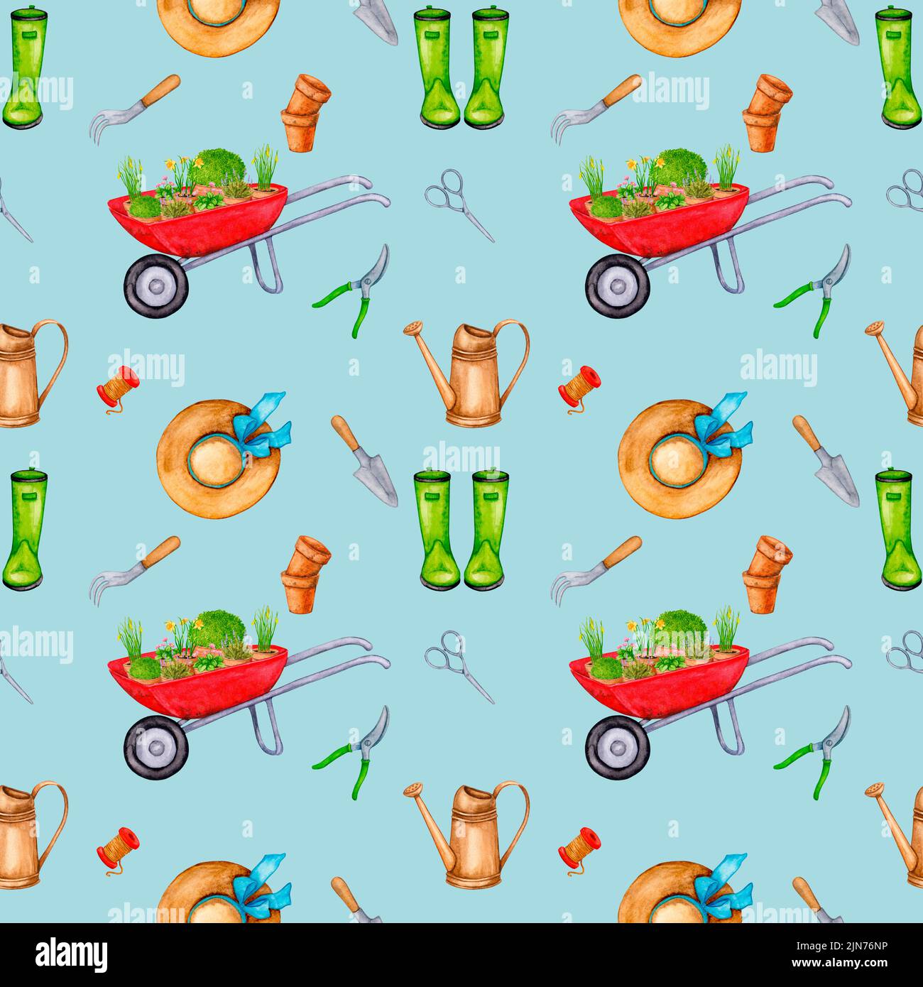 Seamless gardening pattern with colorful illustrations of flowers in a ...