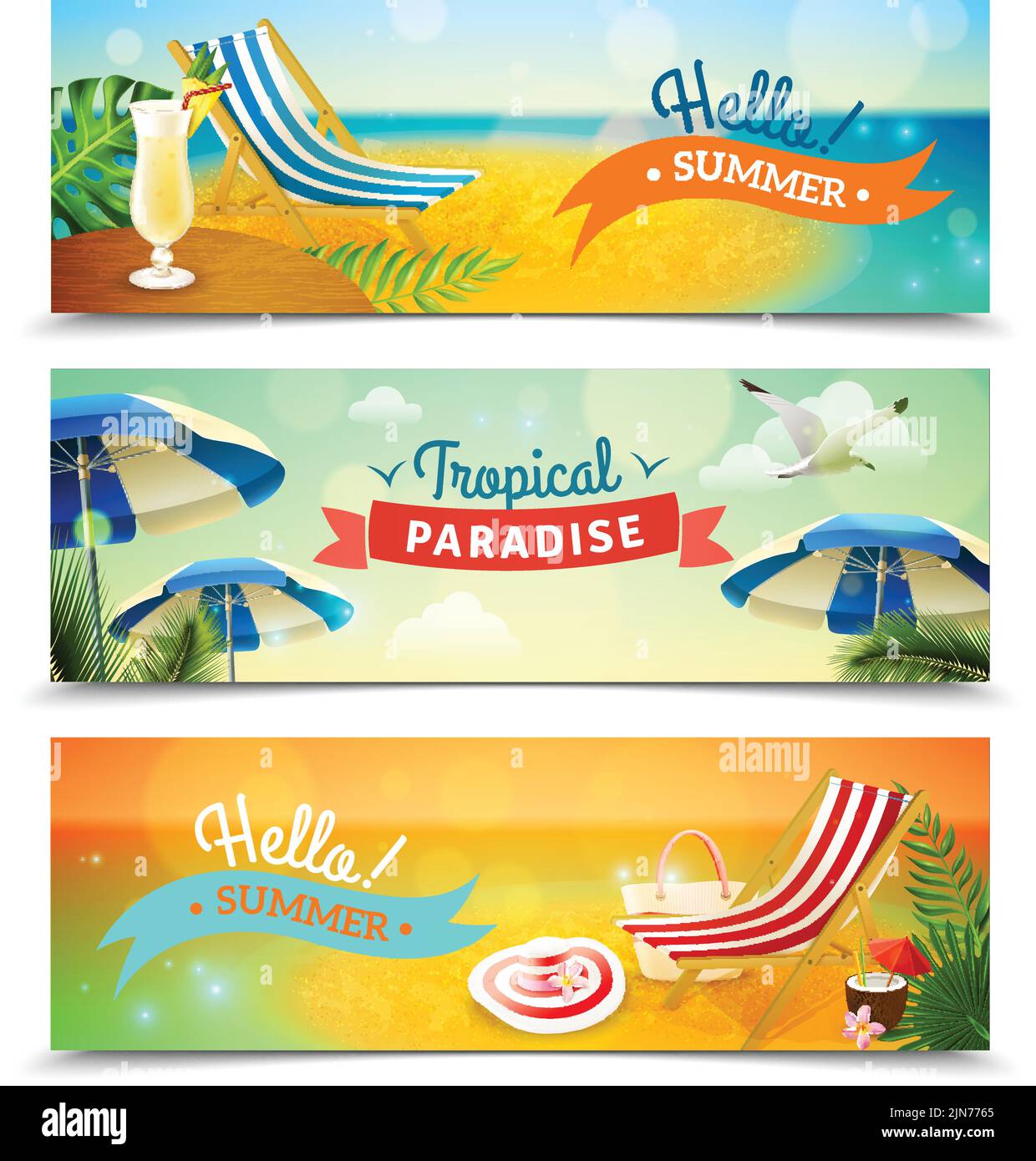 Tropical beach resort horizontal banners set with deck chair and ...