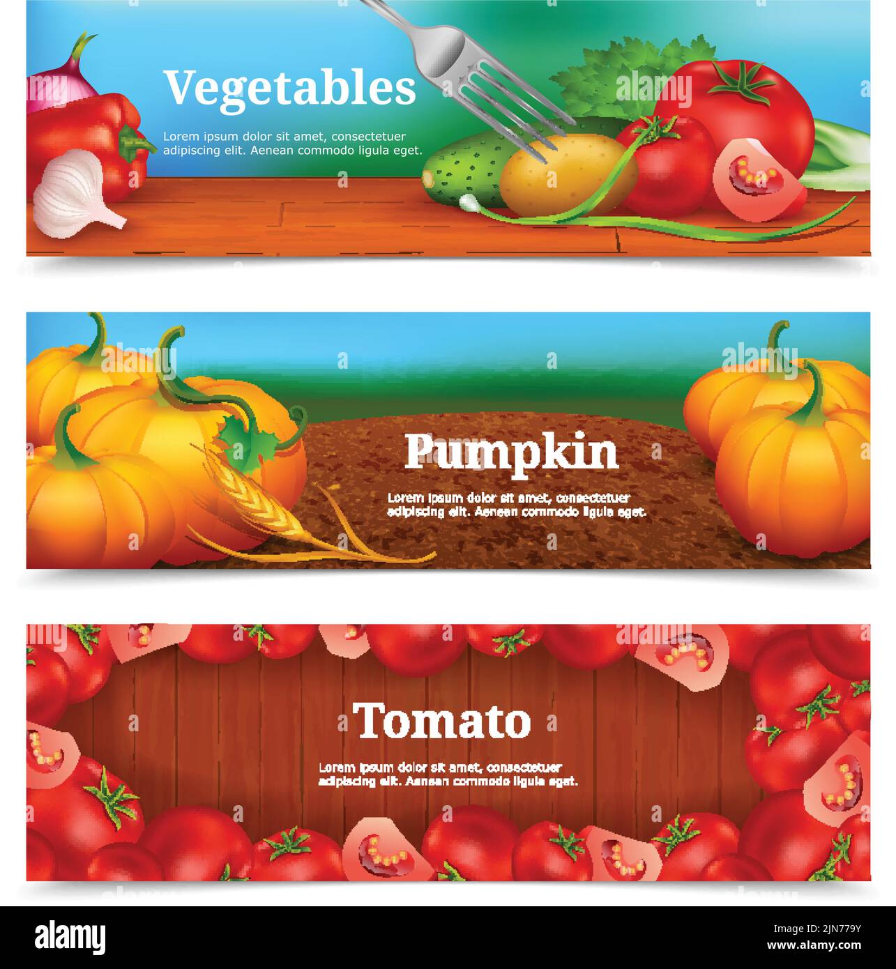 Three colorful horizontal banners with vegetables and greengrocery for ...