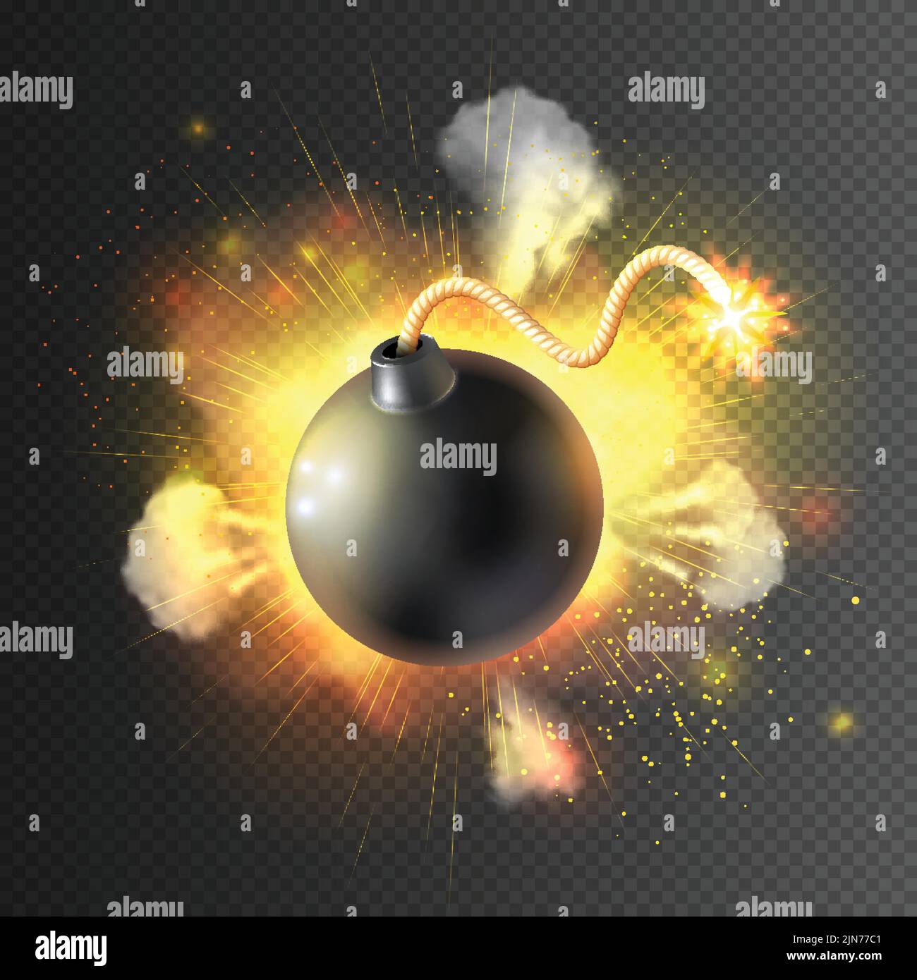 Boom little round bomb exploding with festive light clouds against ...