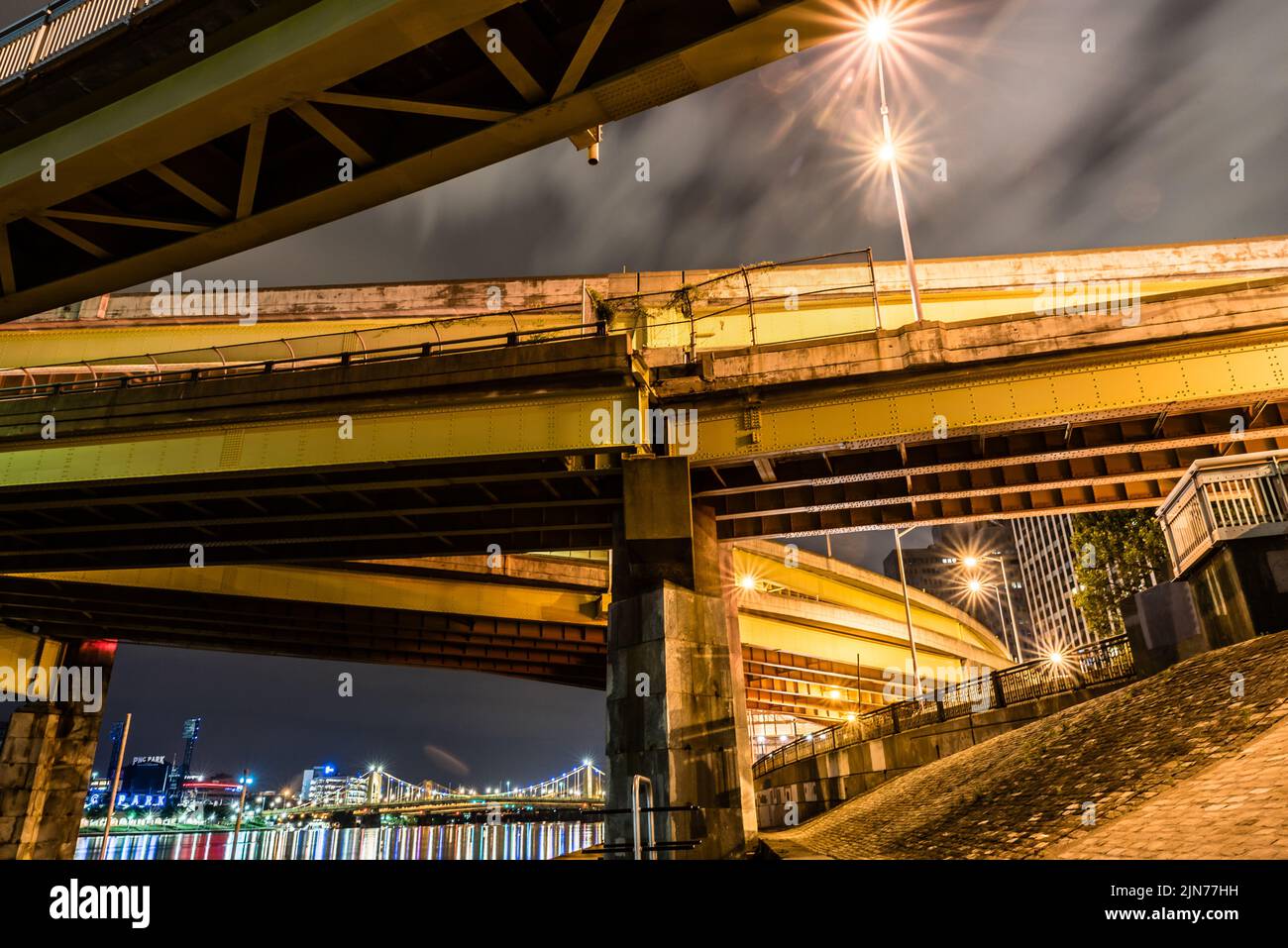 A scenic view of lovely bridges and the PNC Park during the night in ...