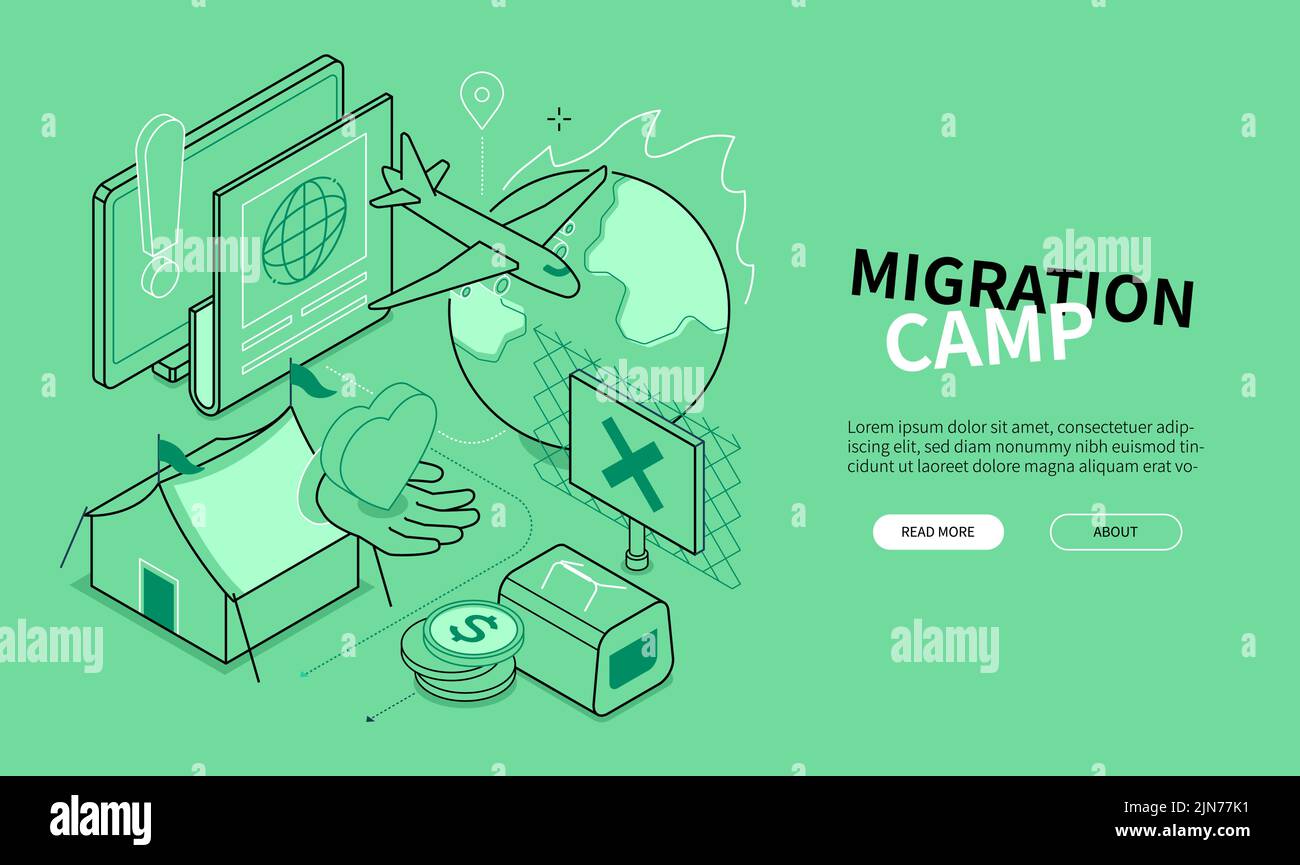 Migration camp - line design style isometric web banner Stock Vector ...
