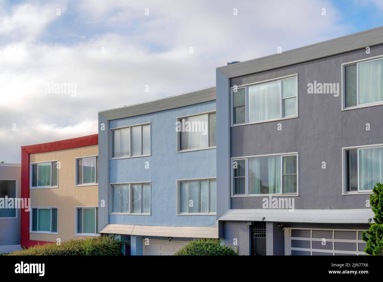 Modern house buildings with reflective picture windows in San Francisco ...