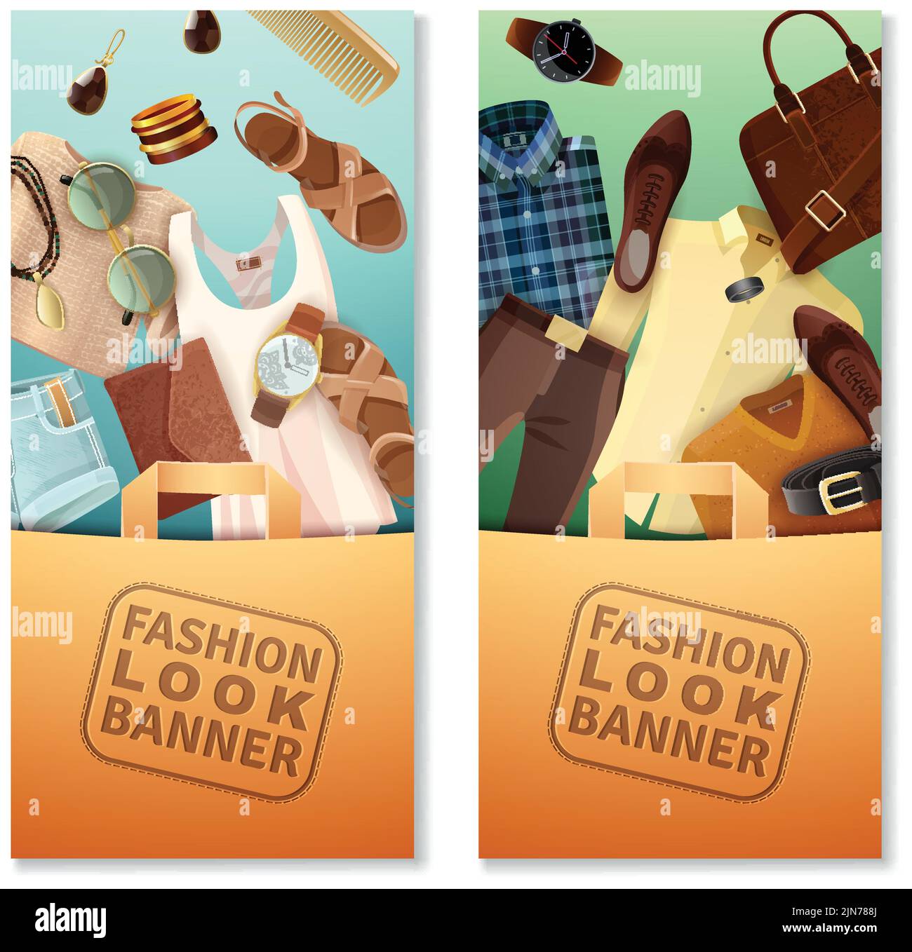 Vertical fashion look banners with shopping bags male and female ...