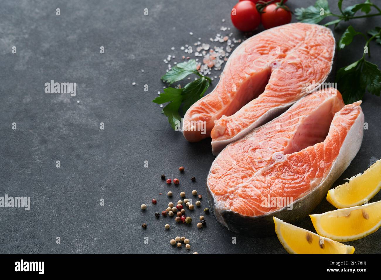 Salmon. Raw salmon steak. Fresh raw salmon fish with cooking ...