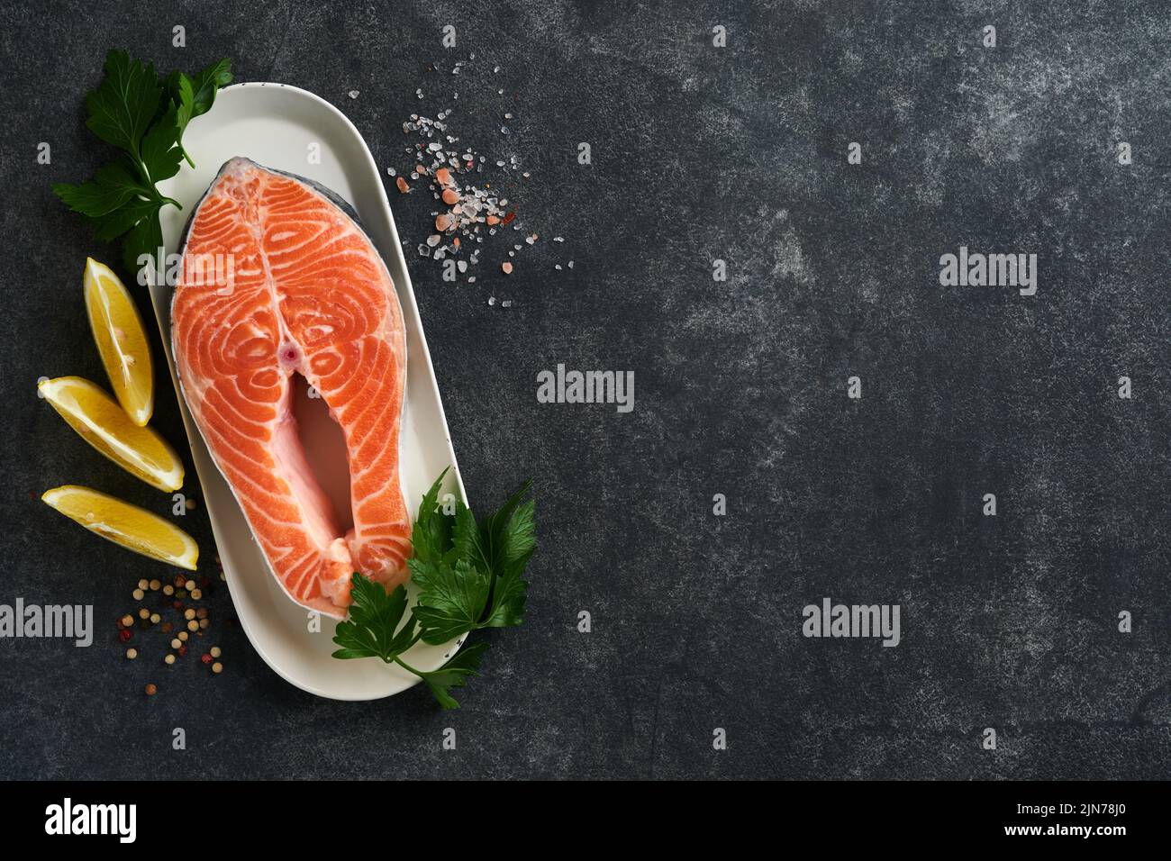 Salmon. Raw salmon steak. Fresh raw salmon fish with cooking ...