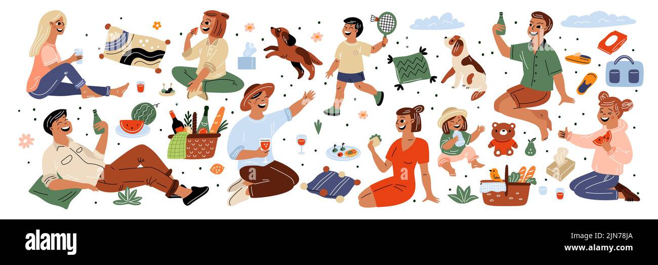 Picnic people. Cartoon characters relaxing in nature. Couples eating or ...