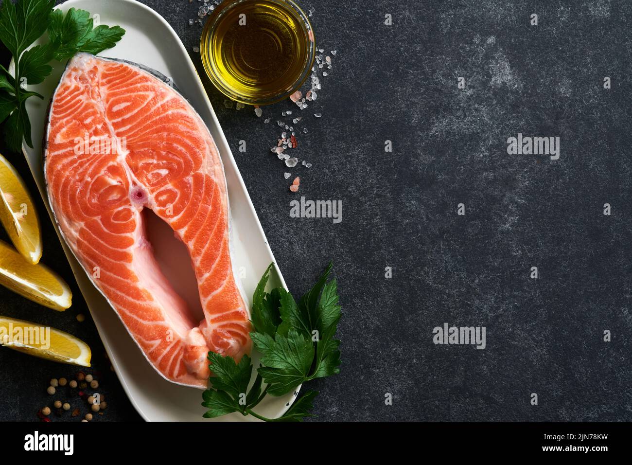 Salmon. Raw salmon steak. Fresh raw salmon fish with cooking ...