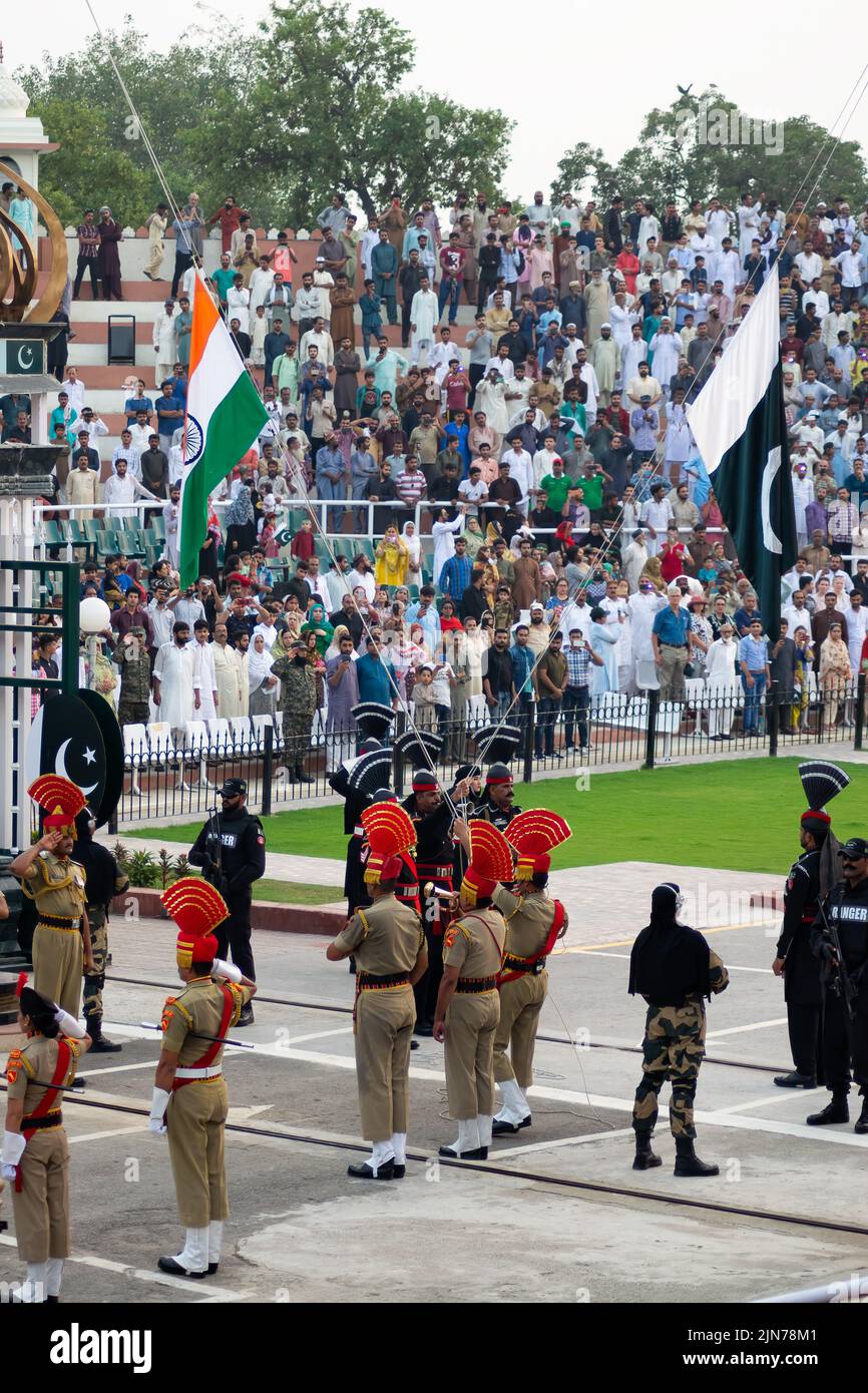 A vertical shot of Indian and Pakistani soldiers during the Wagah ...