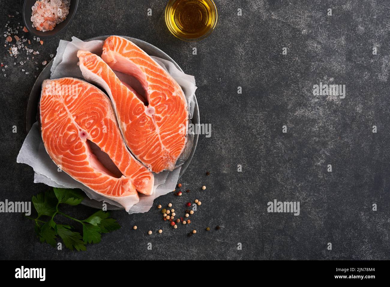 Salmon. Raw salmon steak. Fresh raw salmon fish with cooking ...